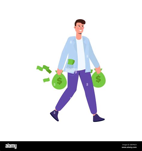 Happy Rich Man Businessman Character Holding Cash Money Bags Vector