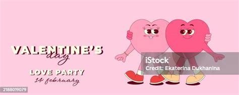 레트로 그루비 발렌타인 데이 러브 파티 초대장 복고풍 그루비 스타일의 사랑스럽고 귀여운 걷는 심장 캐릭터 벡터 수평 배너 핑크 색상 0명에 대한 스톡 벡터 아트 및 기타