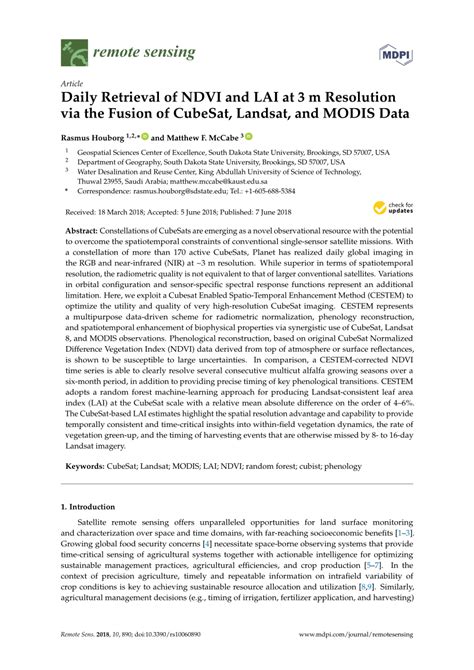 Pdf Daily Retrieval Of Ndvi And Lai At 3 M Resolution Via The Fusion Of Cubesat Landsat And
