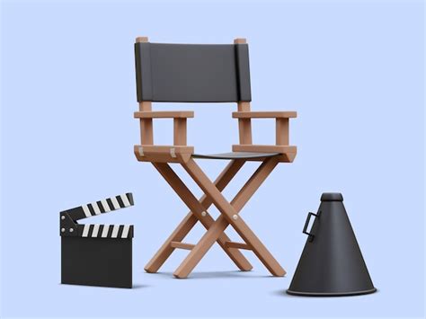 3d 현실적인 영화 산업 개념 영화 제작 디자인 개념 감독 의자 클래퍼보드 및 밝은 배경 벡터 그림의 확성기 프리미엄 벡터