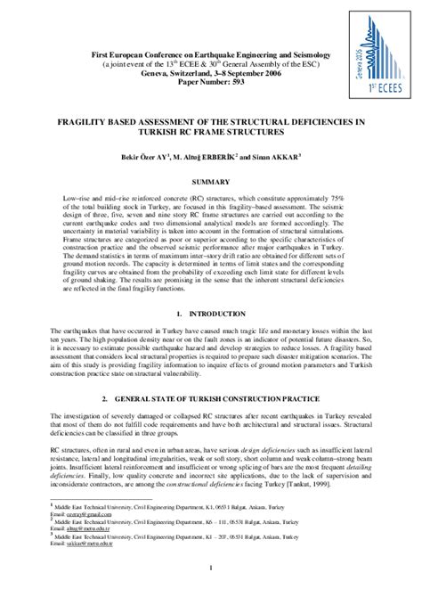 Pdf Fragility Based Assessment Of The Structural Deficiencies In Turkish Rc Frame Structures