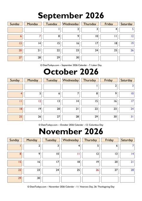 October November December 2026 Calendar Date Todays
