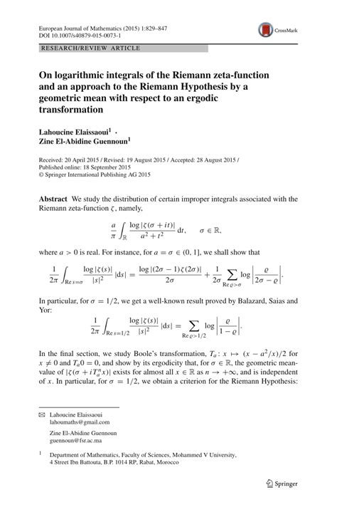 Pdf On Logarithmic Integrals Of The Riemann Zeta Function And An