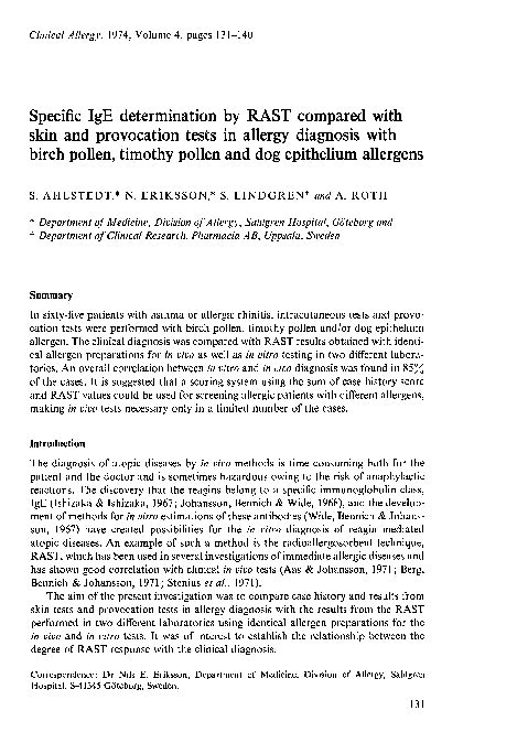 Pdf Specific Ige Determination By Rast Compared With Skin And Provocation Tests In Allergy