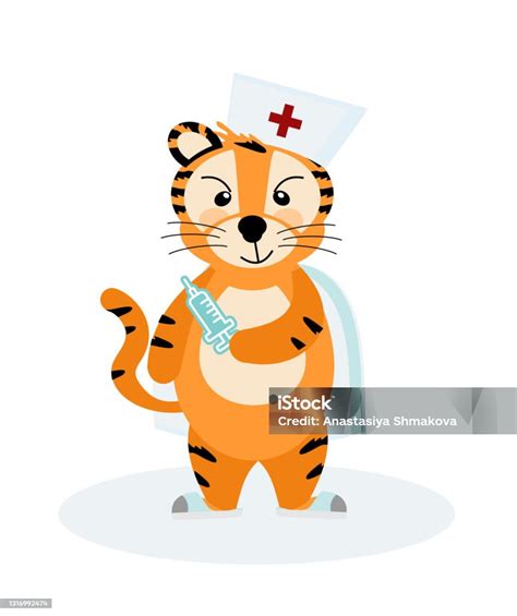 2022년의 상징인 한 장면과 백신을 들고 의복을 입은 쾌활한 줄무늬 호랑이 의사 손으로 그려진 흰색 배경에 격리된 벡터 그림입니다 어린이 용 티셔츠 엽서 포스터 스티커