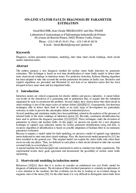 Pdf S “on Line Stator Faults Diagnosis By Parameter Estimation ” Jean Claude