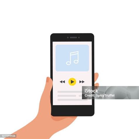 음악 응용 프로그램 재생 목록 또는 온라인 라디오와 모바일 응용 프로그램 흰색 배경 손에 버튼미디어 플레이어 네비게이션 화면 오디오 인터페이스 벡터 일러스트와 스마트 폰을