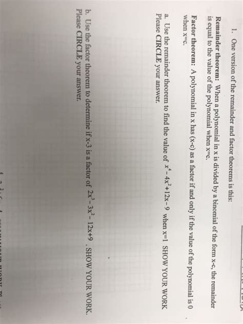 Solved 1 One Version Of The Remainder And Factor Theorems