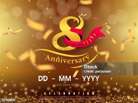 금 배경에 8 년 기념일 로고 템플릿입니다 레드 리본으로 8 축 하 하는 황금 번호 벡터 및 색종이 절연 디자인 요소 8세기에 대한 스톡 벡터 아트 및 기타 이미지 Istock