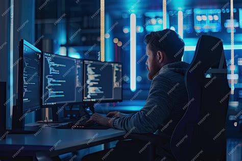 Male Programmer Coding In A Dark Room With Dual Monitors Premium Ai