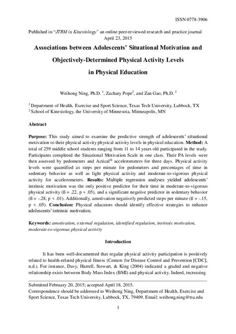 Pdf Associations Between Adolescents Situational Motivation And Objectively Determined