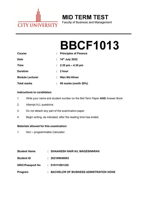 Midterm Good MID TERM TEST Faculty Of Business And Management Course BBCF Principles Of