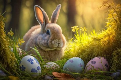 Easter Bunny In The Forest Among Easter Eggs Stock Illustration
