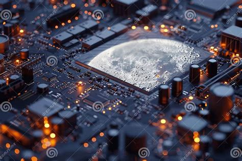 Graphic Of 3d Model Of Data Integration On A Lunar Electronic Mainboard Stock Illustration