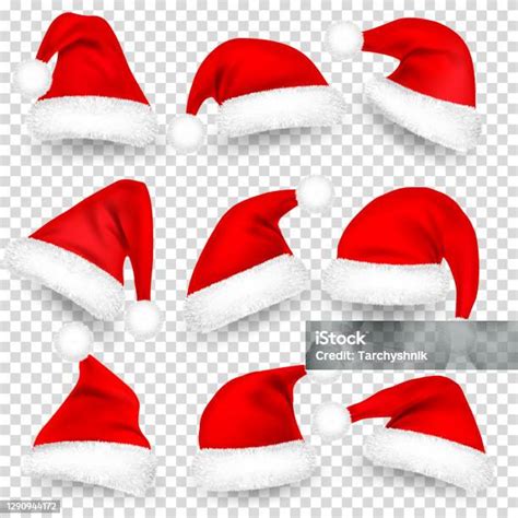 모피와 그림자 세트 크리스마스 산타 클로스 모자 투명 한 배경에 고립 된 새해 빨간 모자 윈터 캡 벡터 일러스트레이션 산타 클로스에 대한 스톡 벡터 아트 및 기타 이미지