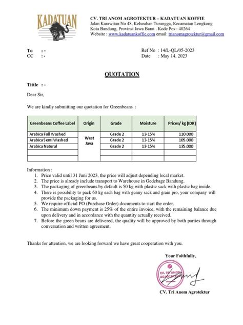 Greenbeans Coffee Quotation Arabica West Java Pdf