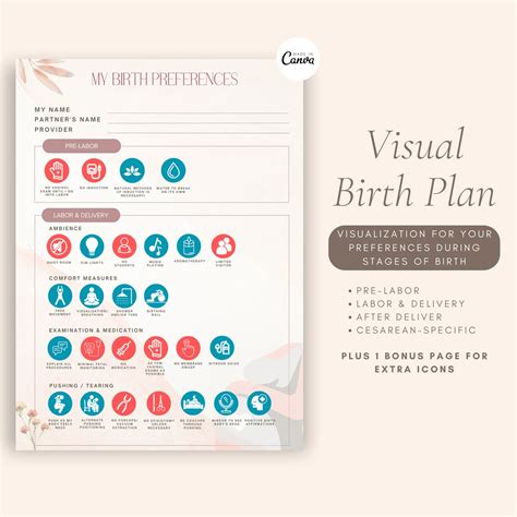 Visual Birth Plan Natural Birth Planner Editable Birth Preferences