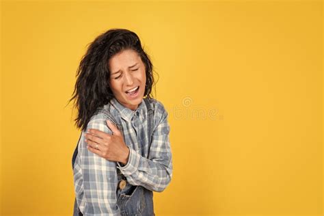 It Hurts A Lot Terrible Pain Female Has Bruised Shoulder Woman Hit