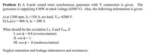solved problem 1 a 4 pole round rotor synchronous generator