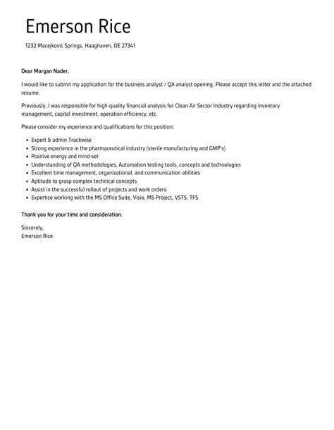 Business Analyst QA Analyst Cover Letter Velvet Jobs