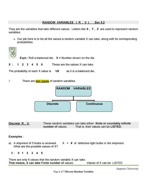 Random Variables Augusta University RANDOM VARIABLES R V Sec They Are The Variables
