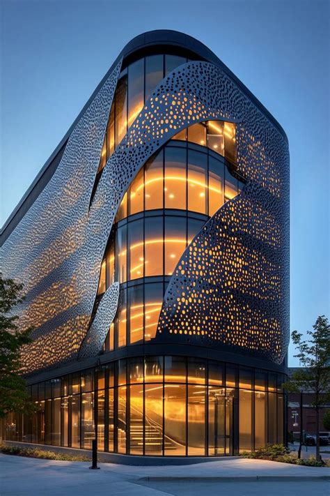 Modern Building With Illuminated Perforated Façade At Dusk Get Ready