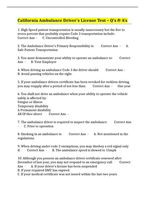 California Ambulance Drivers License Test Qs And As California