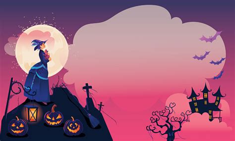 할로윈 보름달 배너 마녀 유령의 집 호박 패치 그리고 Batshappy 할로윈 보라색 배너 트릭 또는 보름달 벡터 일러스트 플랫 디자인으로 치료 10월에 대한 스톡 벡터