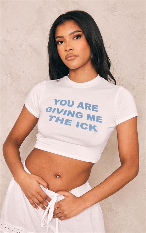White Slogan Print Fitted Cropped T Shirt Tops Plt Ksa