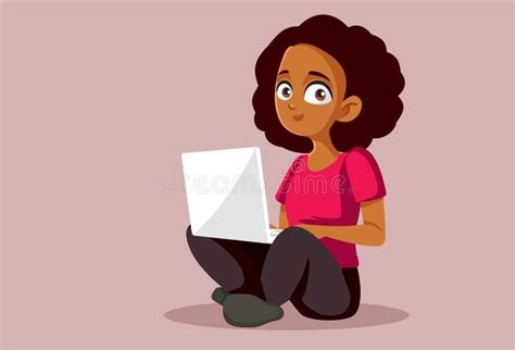 Cheerful Teenage Girl Checking Her Laptop Vector Cartoon Stock Vector Illustration Of Cute