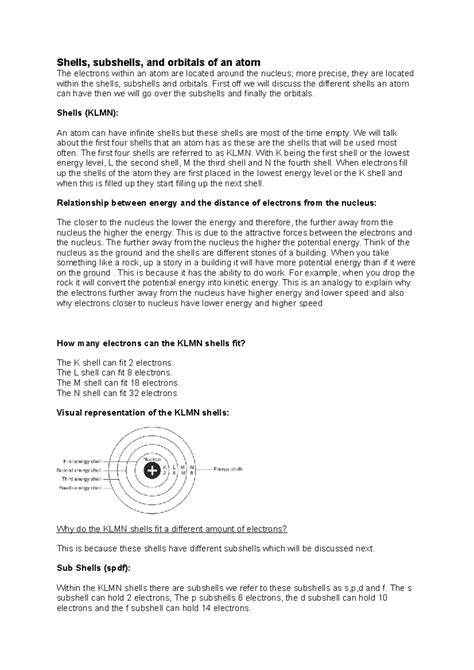 Summary Shells Subshells And Orbitals Of An Atom Shells Subshells