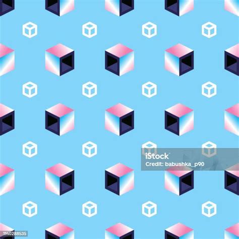 파란색 패턴 배경에 기하학적 3d 큐브 완벽 한 패턴 여러 가지 빛깔 큐브 복고 스타일 80s 스타일 추상적 인 기하학적 구성 3차원 형태에 대한 스톡 벡터 아트 및 기타