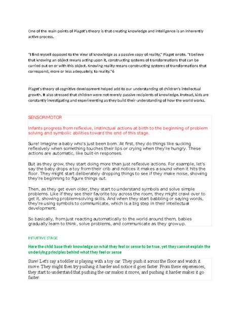 Piaget Notes One Of The Main Points Of Piagets Theory Is That