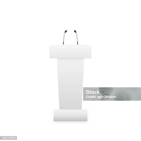 마이크가있는 흰색 연단 트리뷴 화이트 3d 정치 로스트럼 컨퍼런스 성능을 위한 오레이터 장소 흰색 격리 된 배경에 스톡 벡터