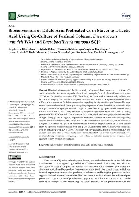 Pdf Bioconversion Of Dilute Acid Pretreated Corn Stover To L Lactic Acid Using Co Culture Of