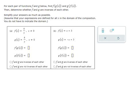 solved for each pair of functions f and g