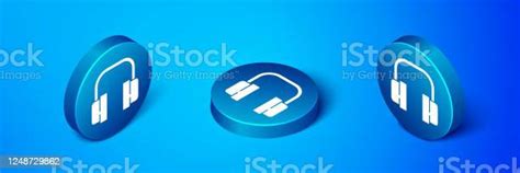 파란색 배경에 격리된 등색 헤드폰 아이콘입니다 고객 서비스 핫라인 콜센터 Faq 유지 보수 지원 파란색 원 버튼입니다 벡터 일러스트레이션 3차원 형태에 대한 스톡 벡터 아트