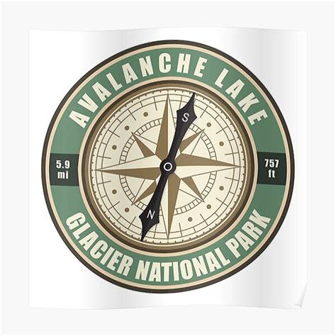 Avalanche Lake Trail Montana Compass Hiking Badge Poster For Sale By