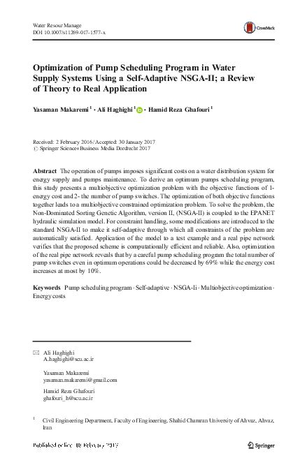 Pdf Optimization Of Pump Scheduling Program In Water Supply Systems