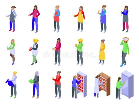 Girl Vendor Icons Set Isometric Vector Seller Street City Stock Vector