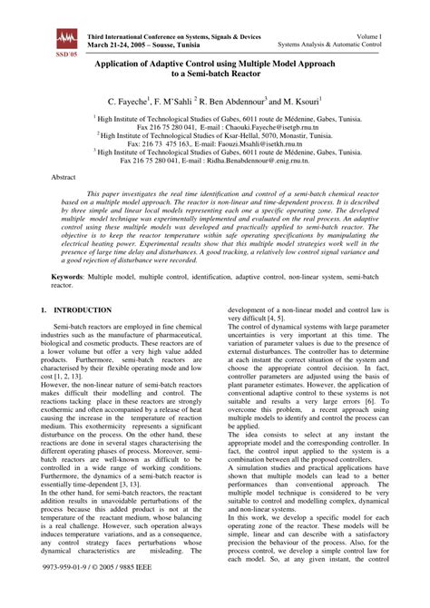 Pdf Application Of Adaptive Control Using Multiple Model Approach To A Semi Batch Reactor
