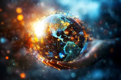 Global Network Digital Earth In Hands Illuminated Futuristic Technology Concept Stock