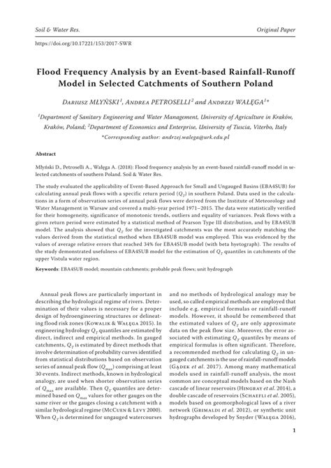 Pdf Flood Frequency Analysis By An Event Based Rainfall Runoff Model In Selected Catchments Of
