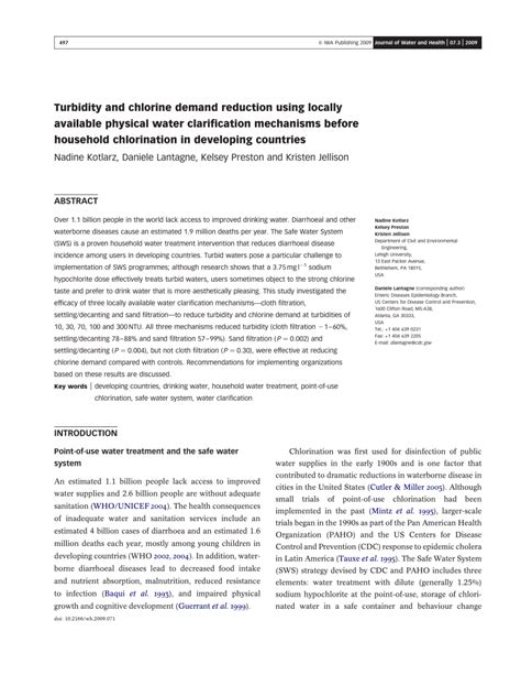 Pdf Turbidity And Chlorine Demand Reduction Using Locally Available Physical Water