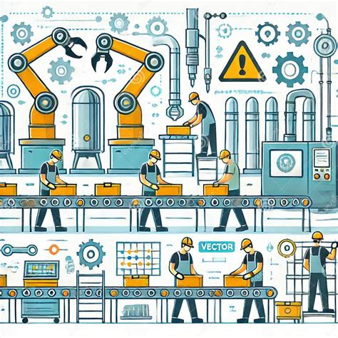 Automated Factory Production Line With Workers And Robots Ai Generated Cartoon Illustration