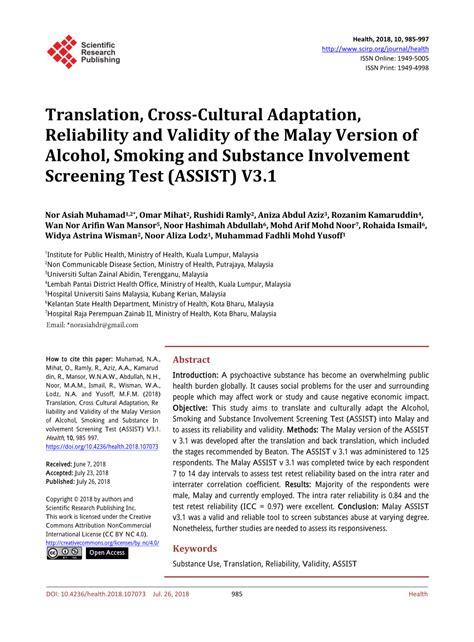 Pdf Translation Cross Cultural Adaptation Reliability And Validity Of The Malay Version Of