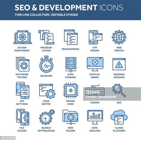 seo 和應用程式的開發搜尋引擎的優化互聯網電子商務細線藍色 web 圖示集大綱圖示集合向量圖向量圖形及更多一個物體圖片 istock