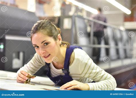 Woman In Printing House Checking Production Quality Stock Photo Image Of Manufacturing