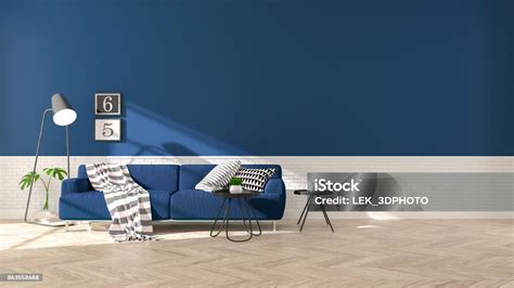 나무 바닥과 어두운 파란색 벽emptry 룸 3 차원 렌더링에 파란색 소파와 함께 거실의 현대 인테리어 0명에 대한 스톡 사진 및 기타 이미지 Istock