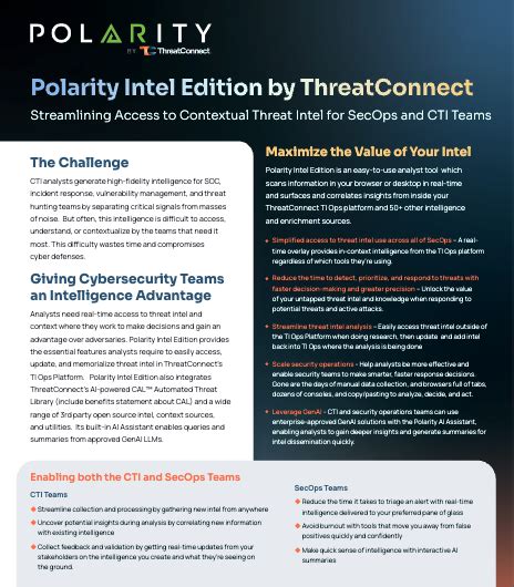 Polarity Intel Edition By Threatconnect Solution Brief Threatconnect